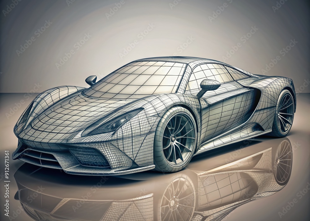 Sleek, futuristic wireframe sketch of high-performance supercar concept ...