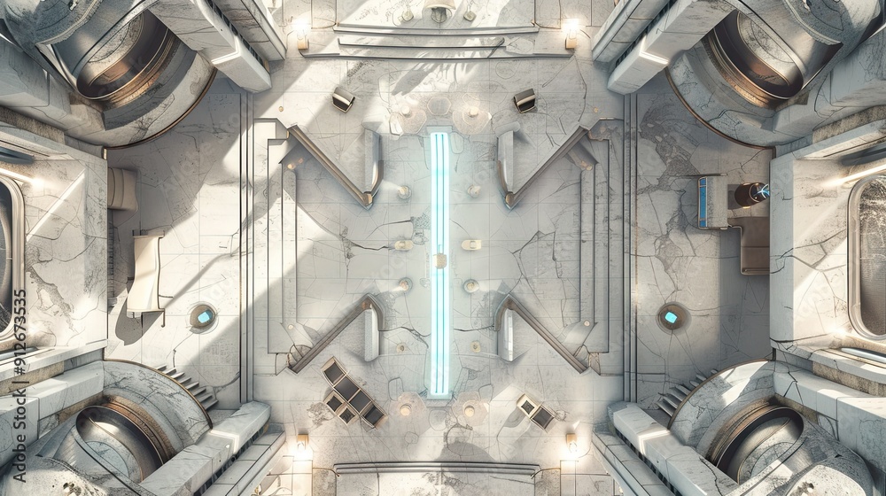 top down perspective of a battlemap of a large scifi white marble ...