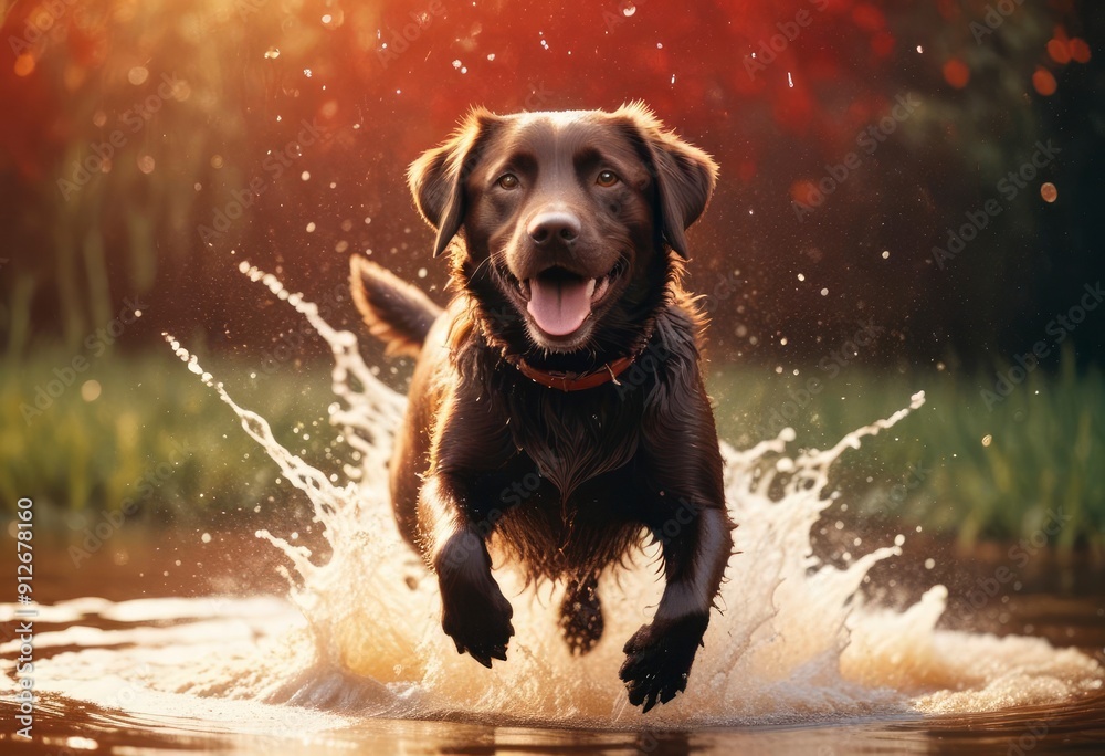 35mm film photography, A whimsical water splash with a playful dog, a ...