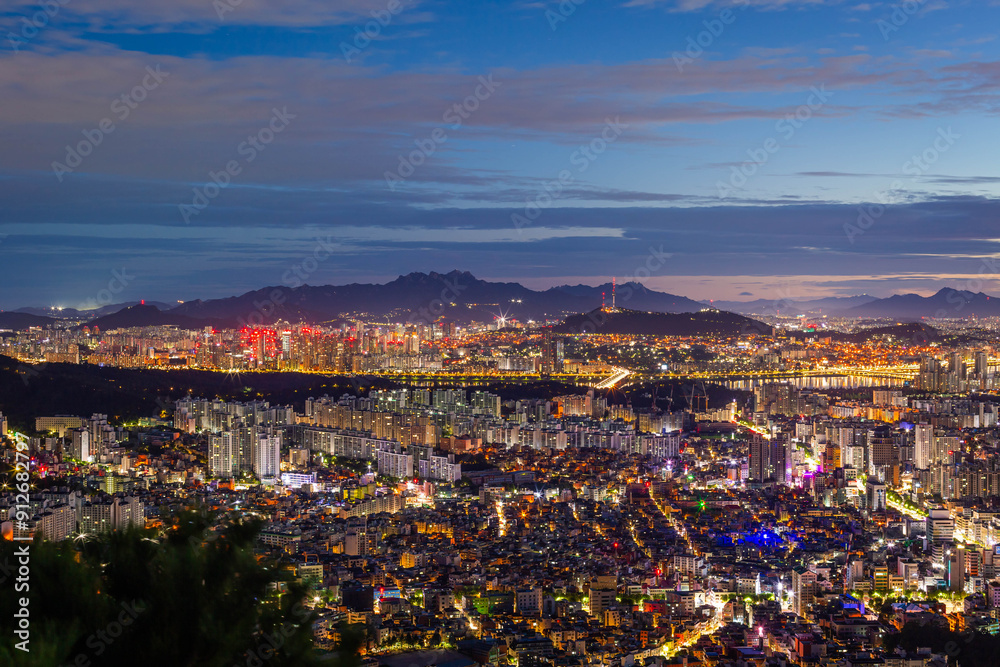 Seoul city skyline and skyscrapers at night with Namsan Mountain and ...