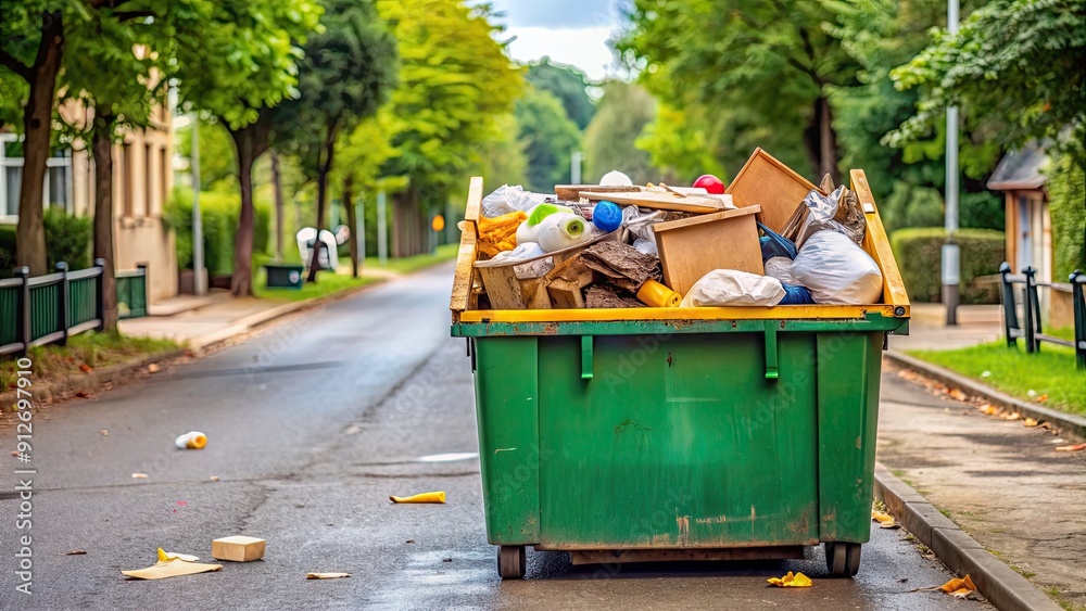 Loaded skip bin filled with waste on a road, skip bin, rubbish, garbage ...
