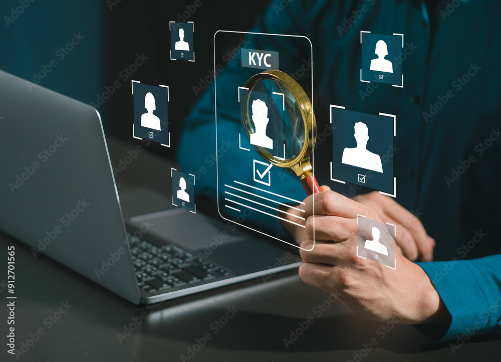 (KYC) Businessman holding magnifying glass and identity verification ...