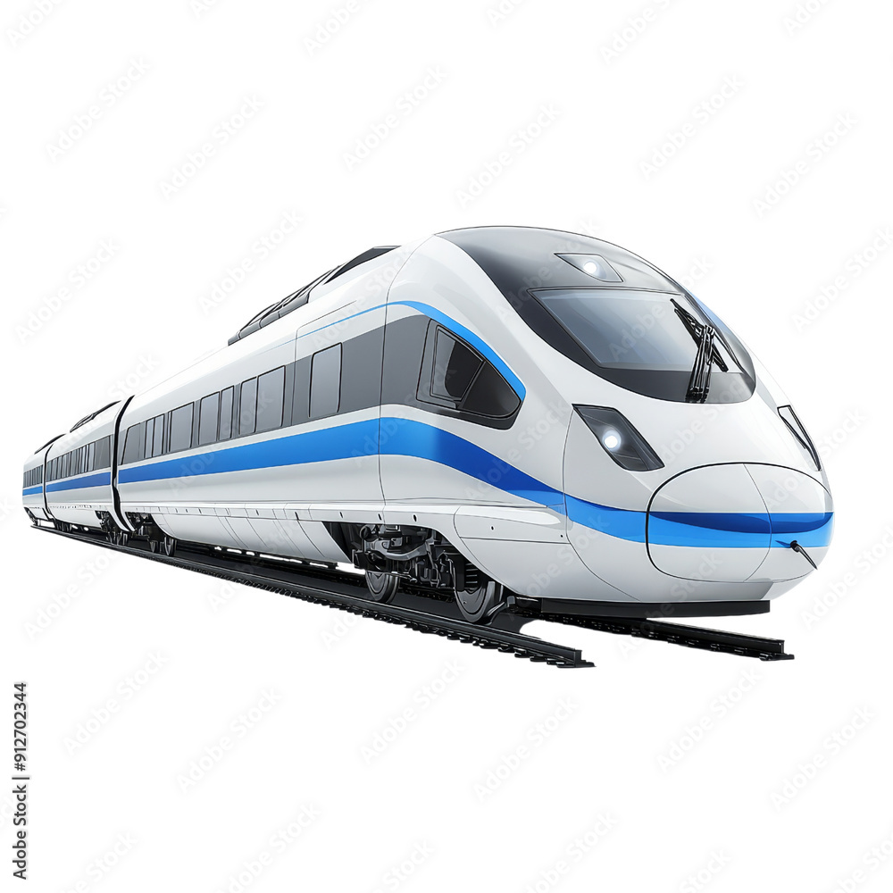 Modern white and blue high speed train with transparent background ...
