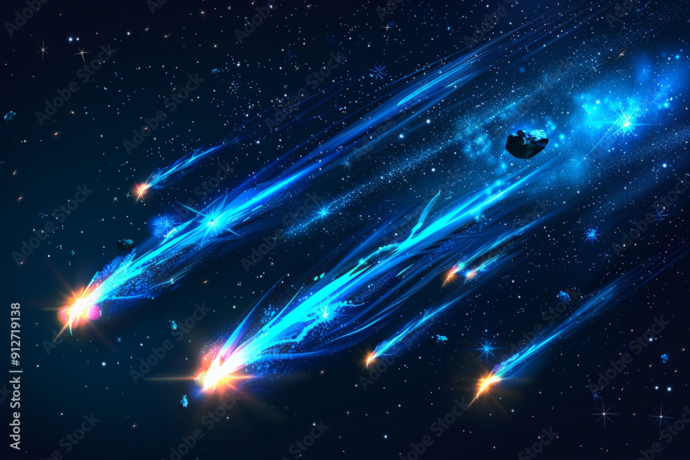 Falling comets asteroids or meteors with blue flame trail in cosmos ...
