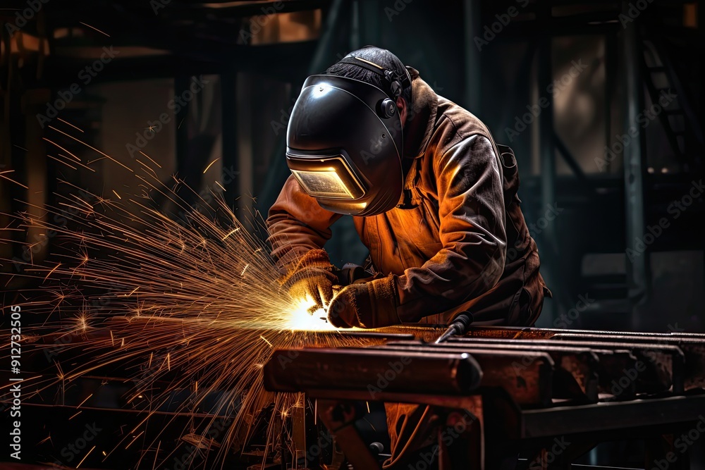Process of welding - photo of an industrial welder with torch. Highly ...