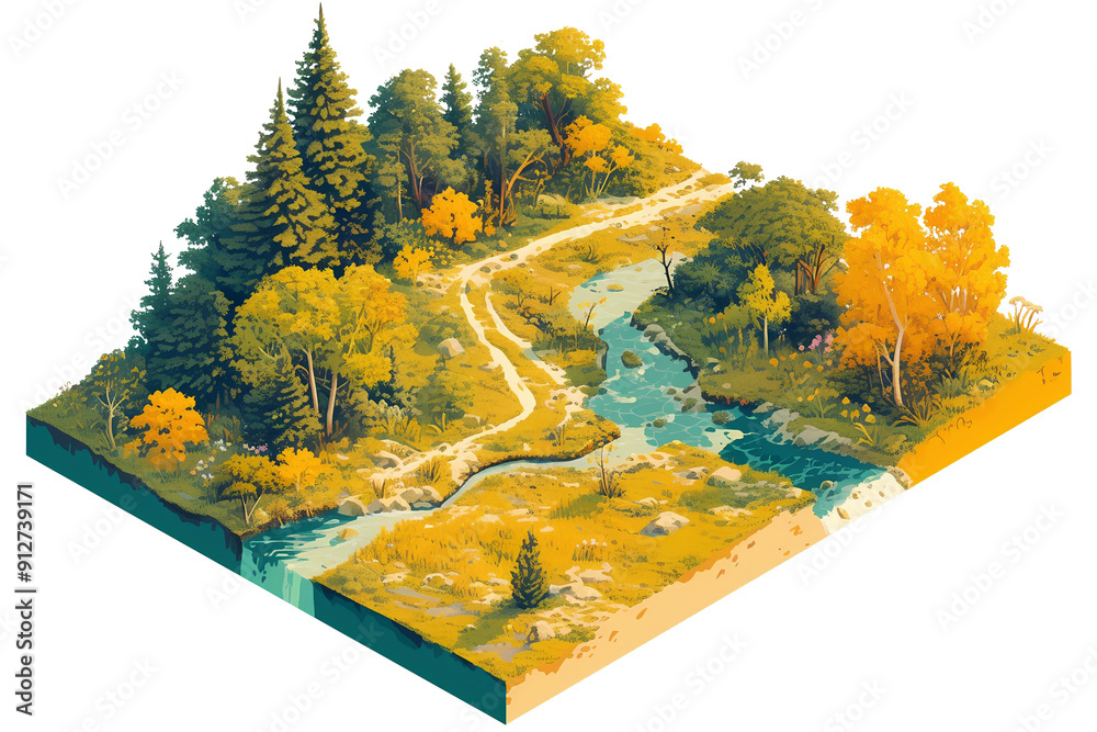 Isometric forest terrain with trees and river. Illustration isolated on ...