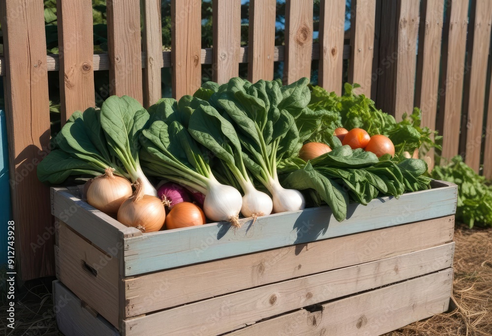wooden box filled with organic vegetables including onions, garlic, and ...