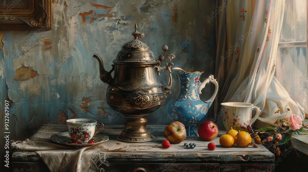 Create an image of a traditional samovar, a classic Russian tea kettle ...