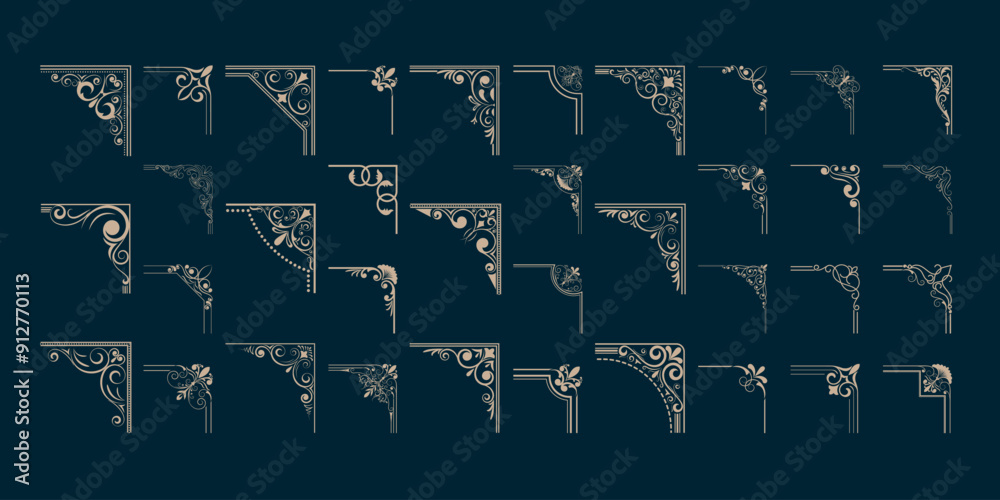 Ornamental Vintage Corners Vector Set Design. Different Types of ...
