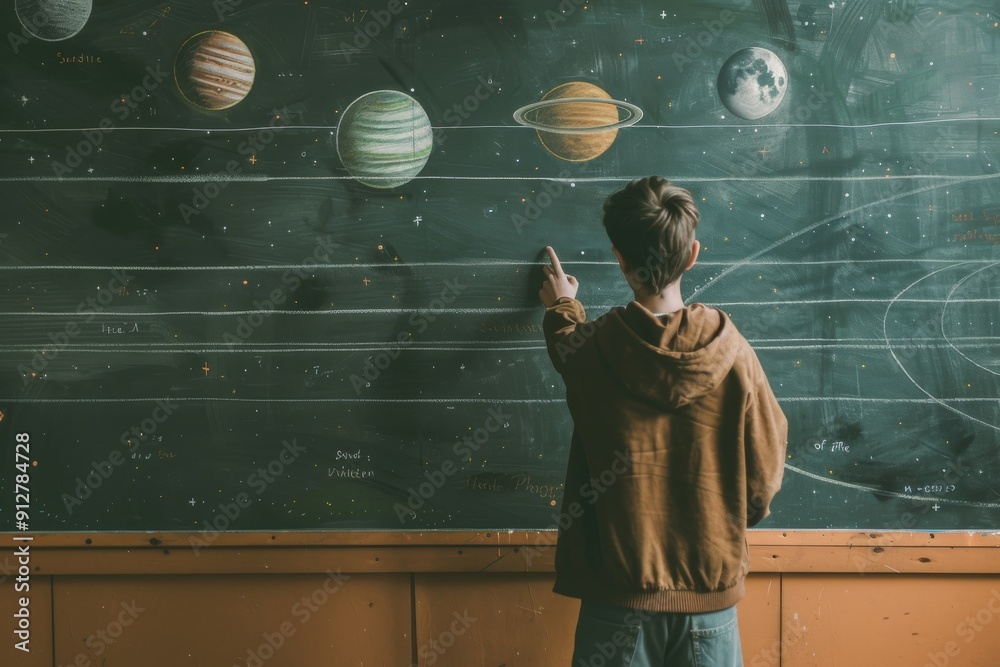 A student points to planets on a blackboard, depicting a solar system ...