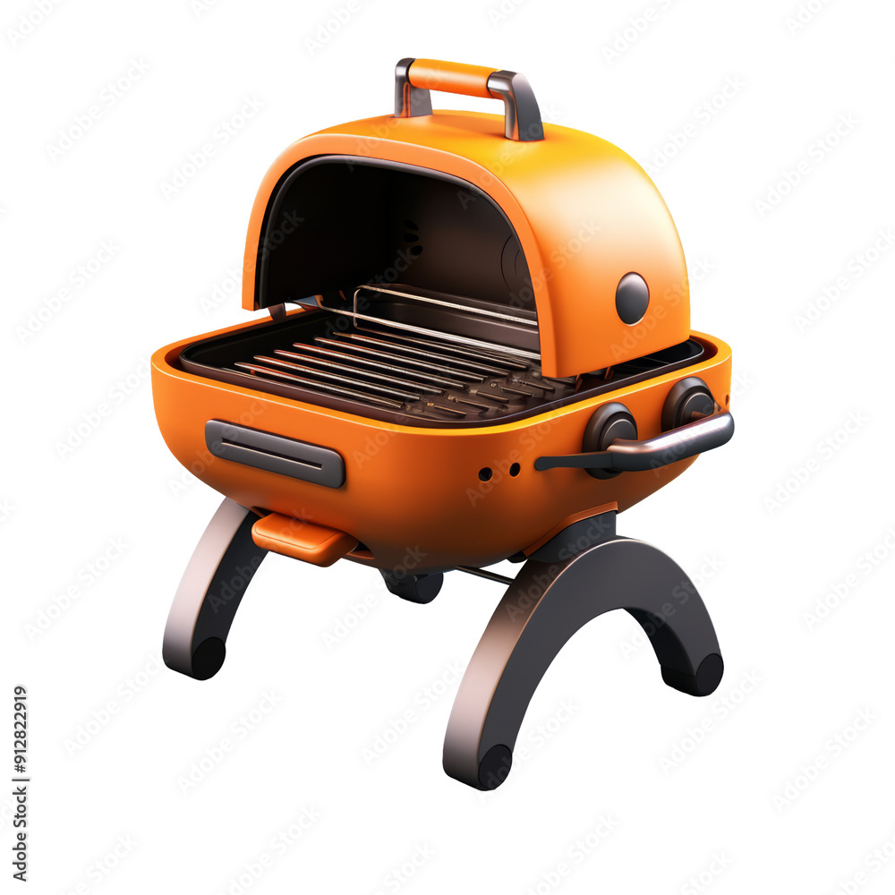 Orange portable gas grill with open lid and isolated on transparent ...