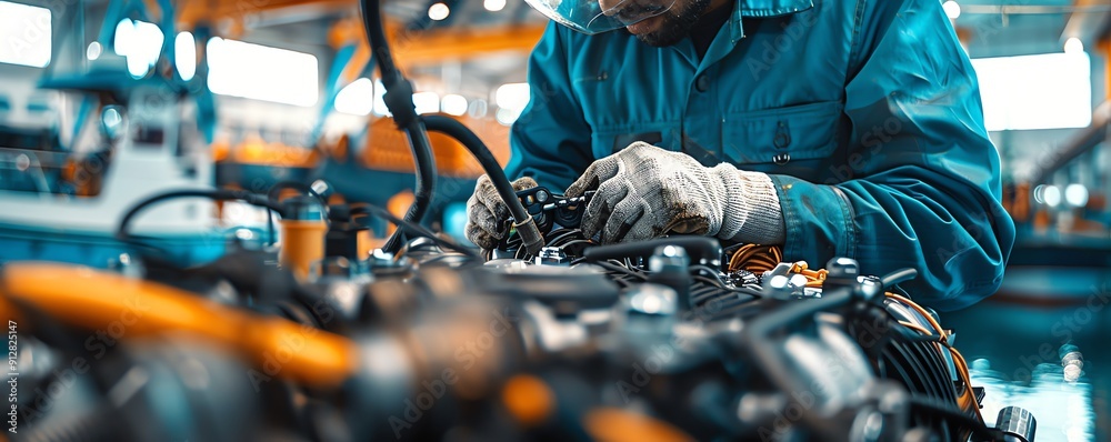 Mechanic working on a boat engine, marina backdrop Skilled and detailed ...