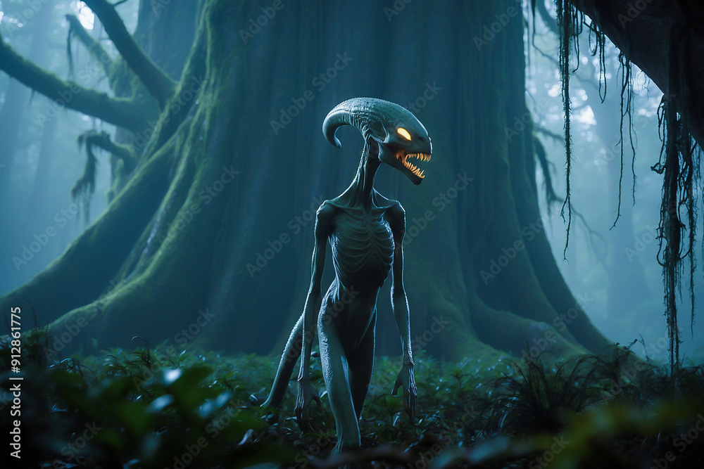 Alien creature emerging from the misty, dark forest, its slender ...
