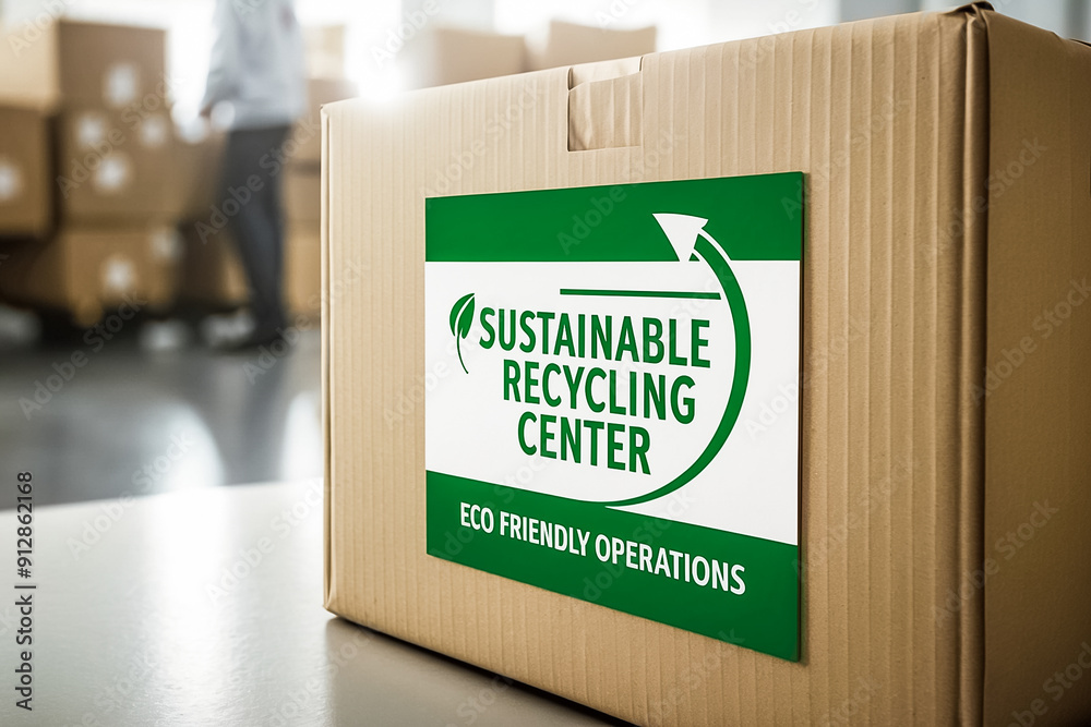 cardboard box with a prominent, rectangular, green and white eco sign ...