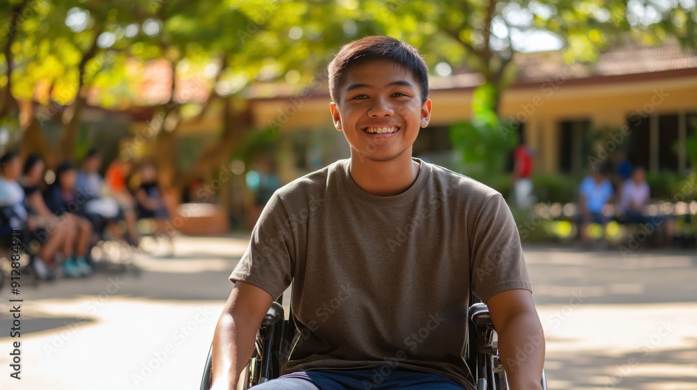 Smiling Filipino Teenage Boy in a Wheelchair, Outdoor Setting ...