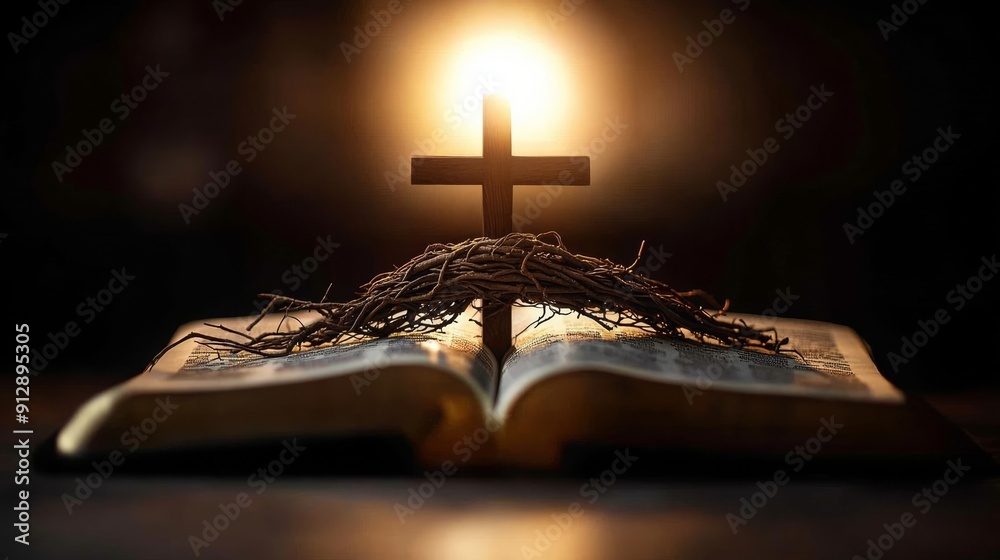 Cross with organic roots intertwining in an open Bible, bright light ...
