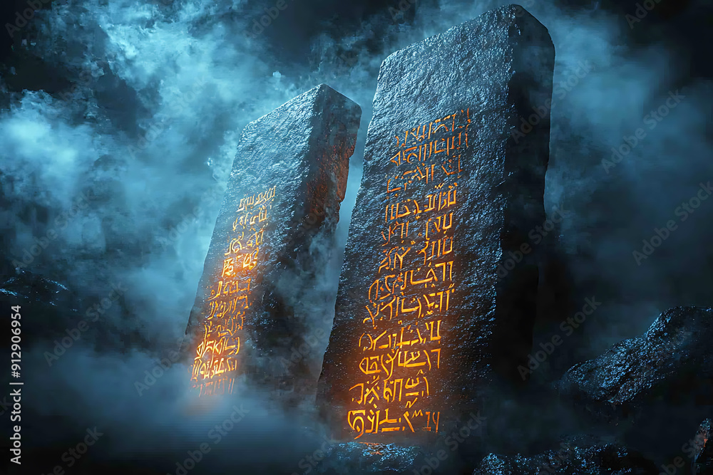 Two stone tablets that God gave to Moses, depicted on a dark background ...