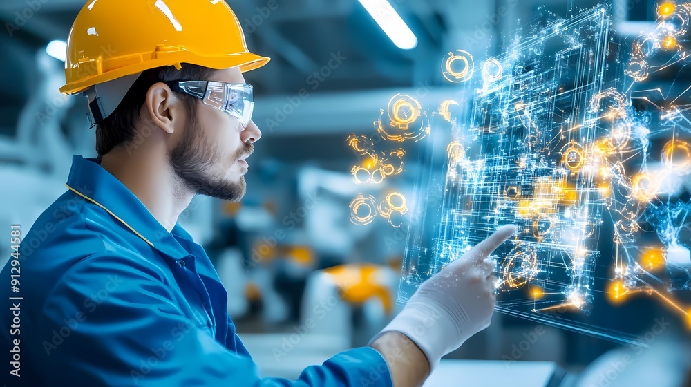 An engineer interacts with advanced technology in a modern industrial setting, showcasing ...