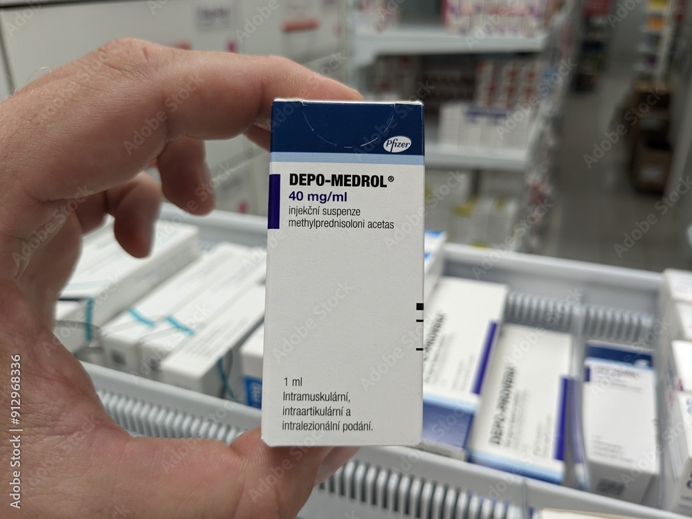 Prague,Czech Republic-August 7 2024: DEPO-MEDROL box of medication with ...