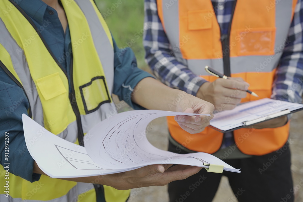 Professional architect engineer with hard hat and blueprint at building ...