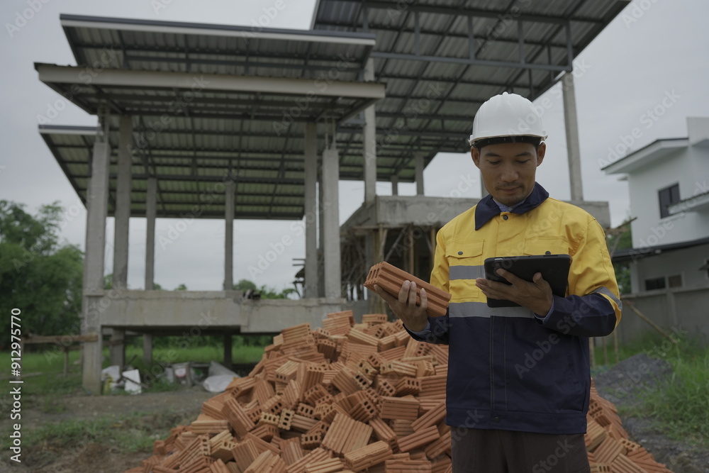 Professional architect engineer with hard hat and blueprint at building ...