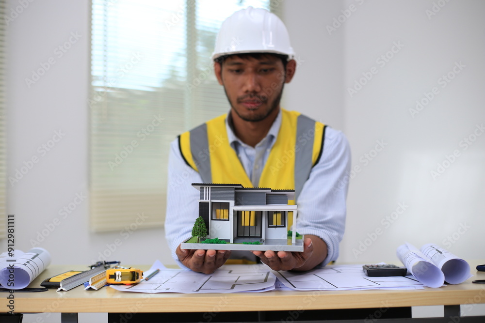 Asian architect and designer using blueprints and laptop to draw building structure in office ...