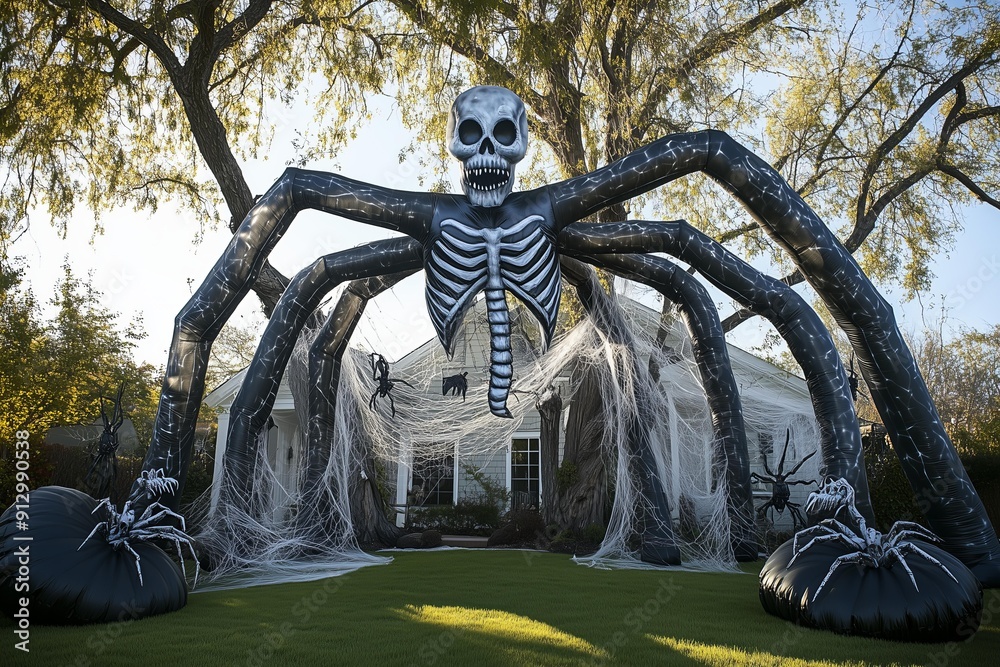 oversized yard decor scene with a huge -foot skeleton, large inflatable ...