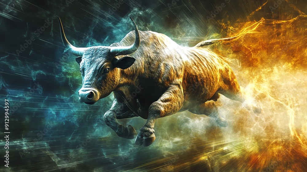 Dynamic illustration of a powerful bull charging through vibrant energy ...