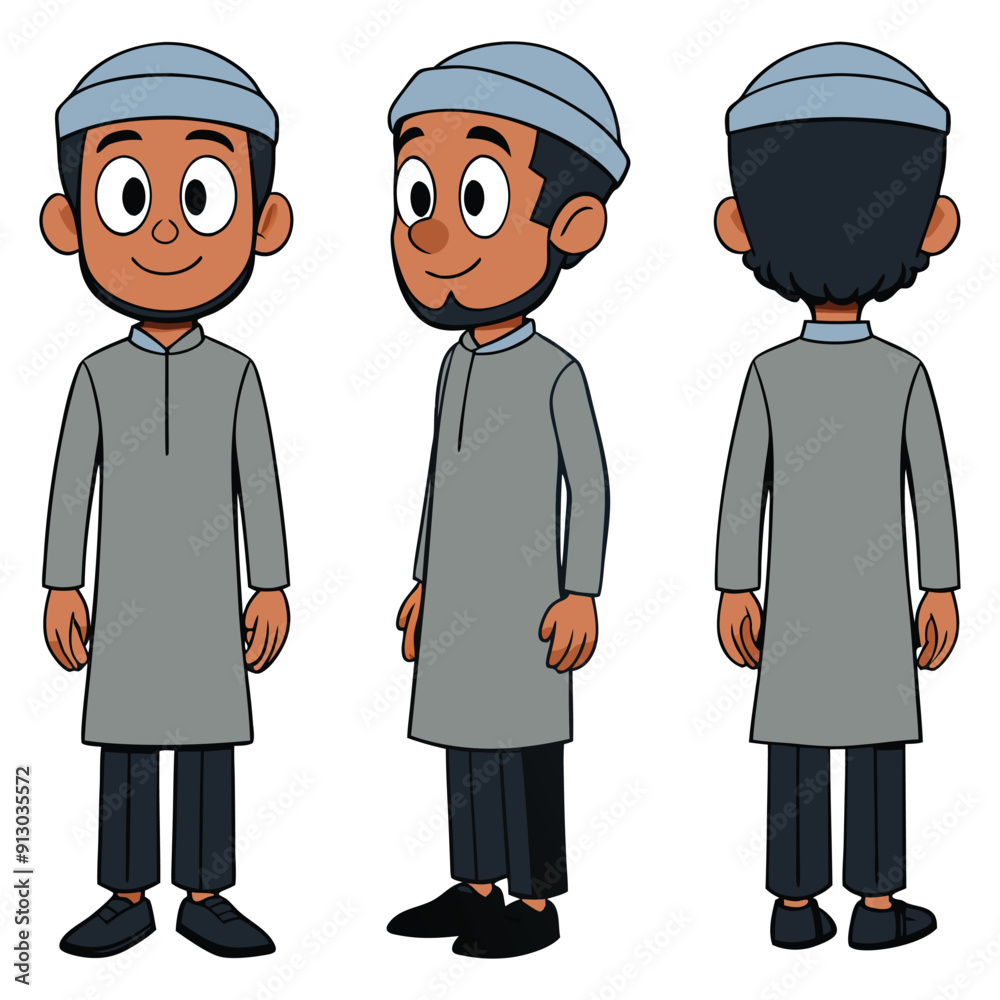Asian Indian Pakistan Arab 2D Muslim Man Character Front View, Side, Back View Wear Shalwar ...