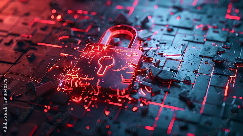 Data breach concept with a broken padlock and red alert symbols, highlighting cybersecurity ...