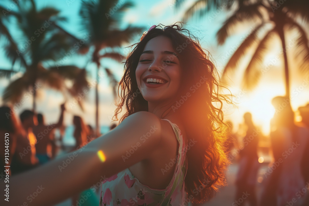 a 2020s style ,happy girl positioned on right side is dancing at a ...