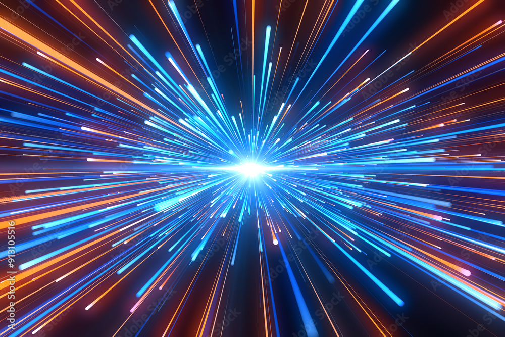 Bright radial light beams. Abstract background in blue and red neon ...