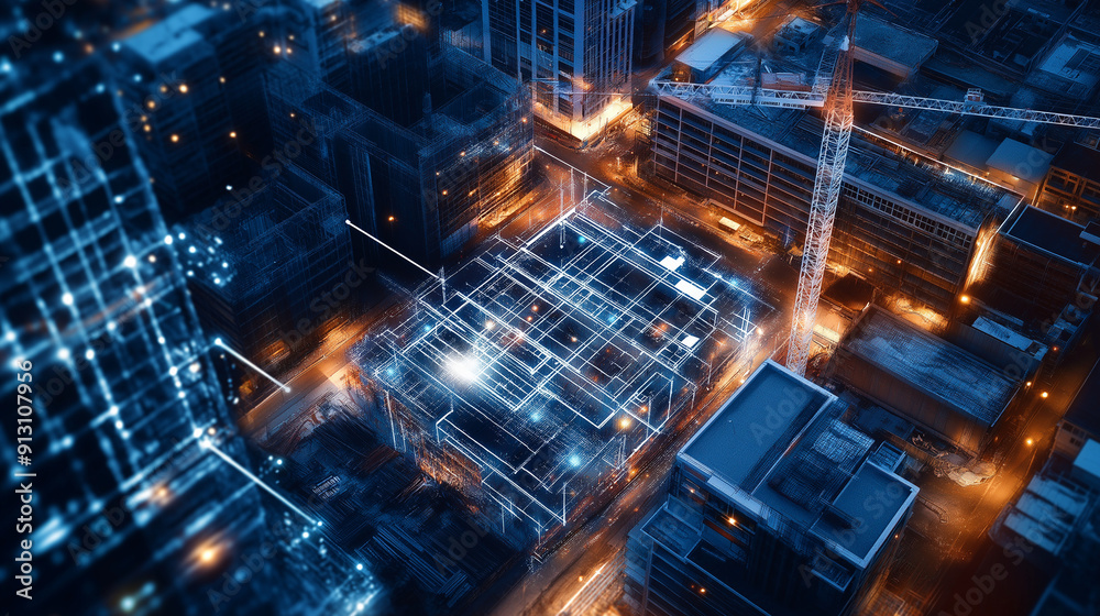 Aerial view of a construction site with a digital BIM overlay showing ...