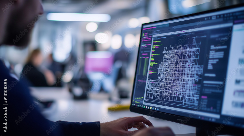 Close-up of a BIM software screen displaying structural details, with engineers making real-time ...