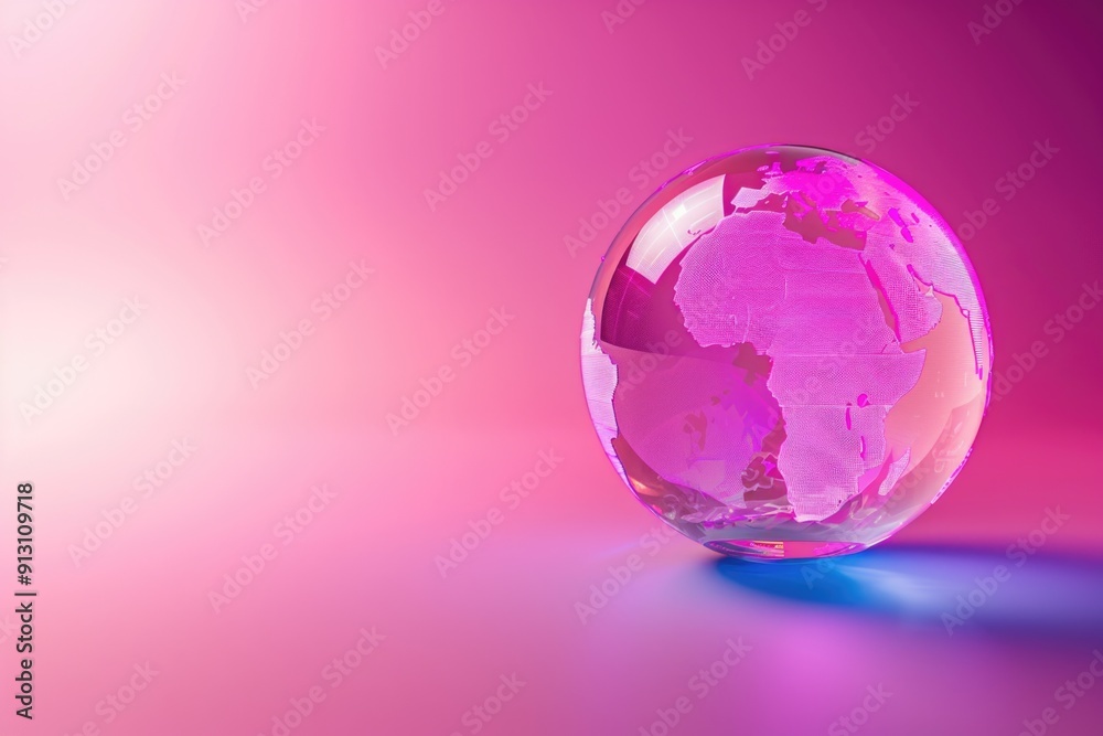 Illuminated glass globe with map of Africa on pink gradient background ...