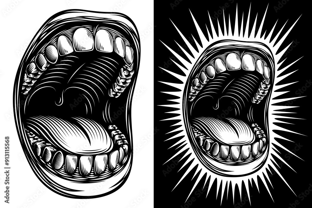 Wide gaping open shouting mouth in black and white retro graphic ...