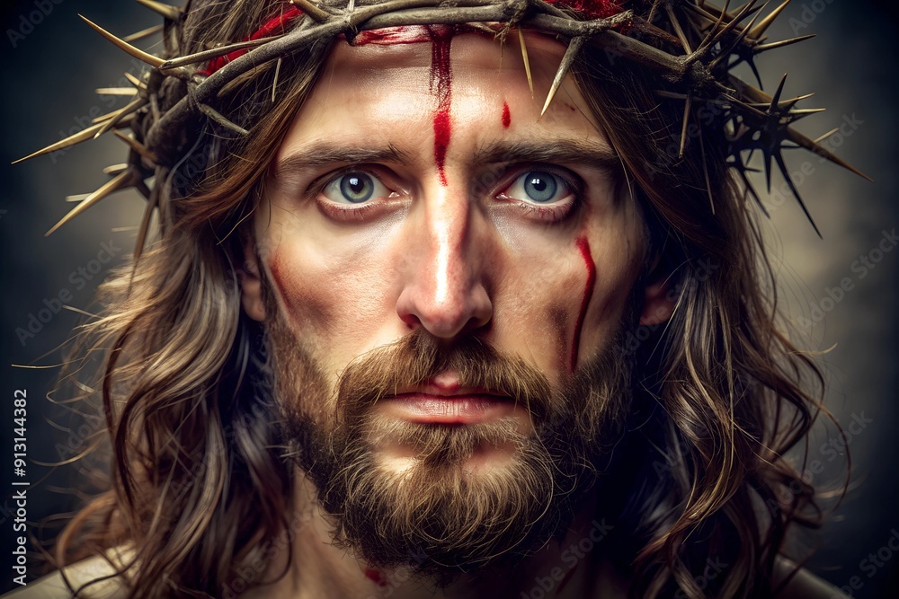 Portrait of Jesus Christ in a crown of thorns with wounds and blood on ...
