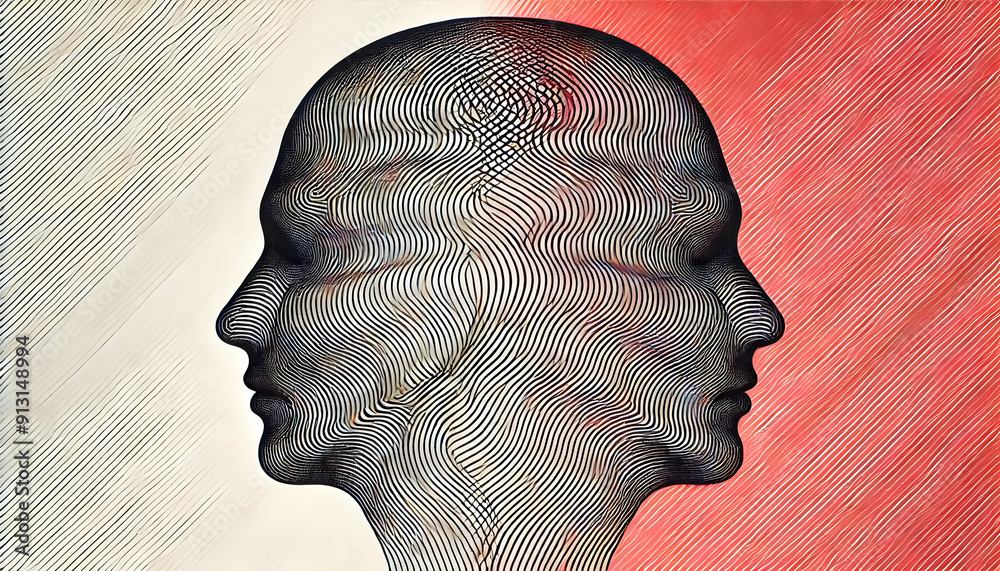 Two abstract human head profiles face each other, composed of thin ...