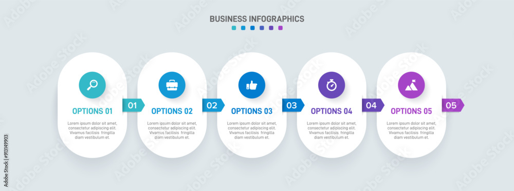 Horizontal progress bar featuring 5 arrow-shaped elements, symbolizing ...
