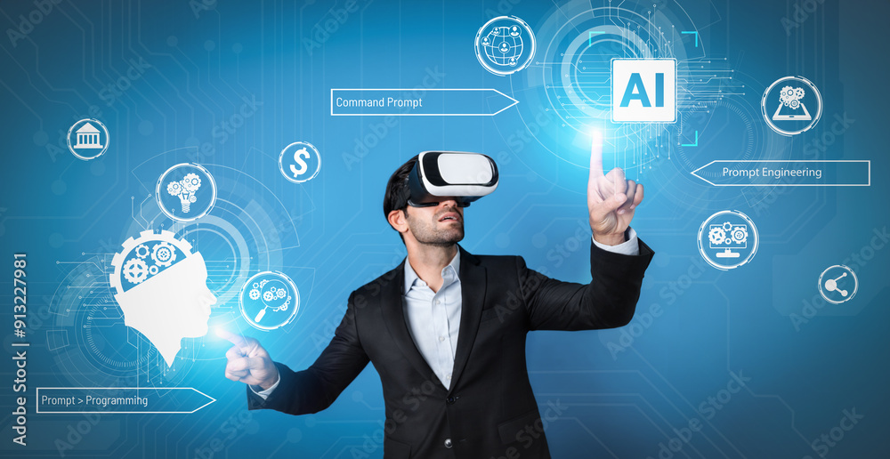 Caucasian business man using chat bot to support and assistant ...