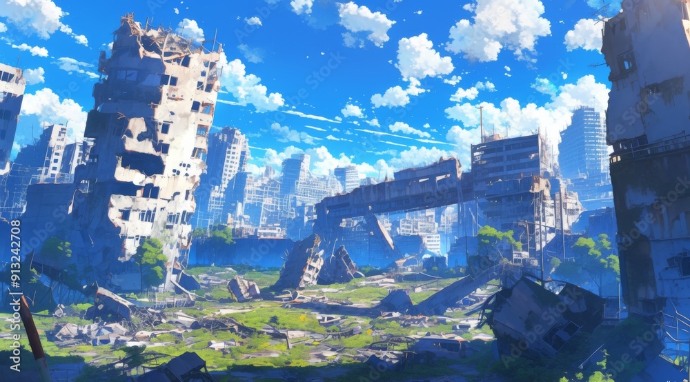 Ruins of the City Under a Blue Sky with White Clouds in Anime Style ...