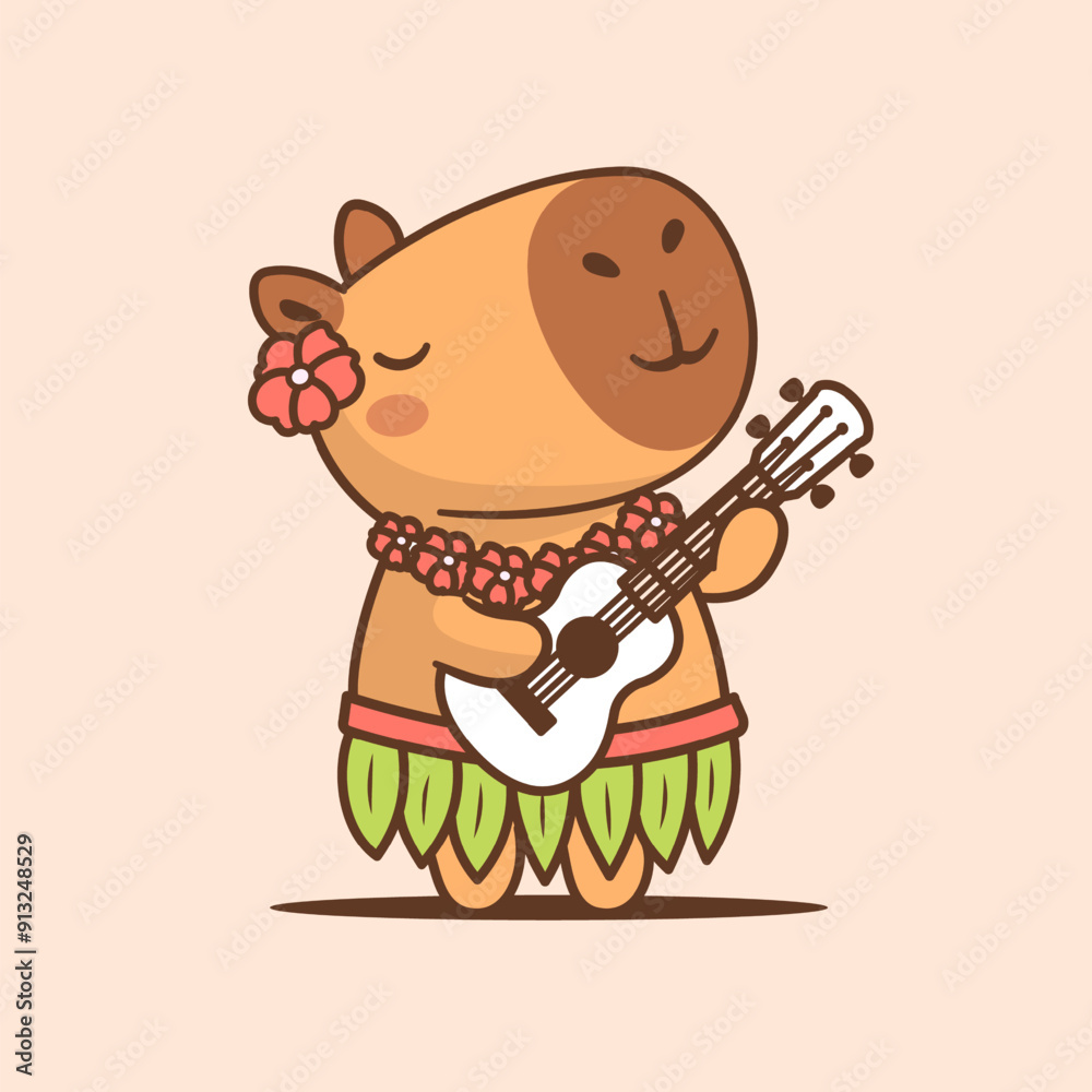 Funny cute capybara wearing Hawaiian hula costume playing ukulele ...