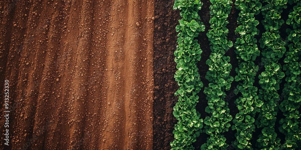 A top-down view of an expansive field, with one half showing freshly ...