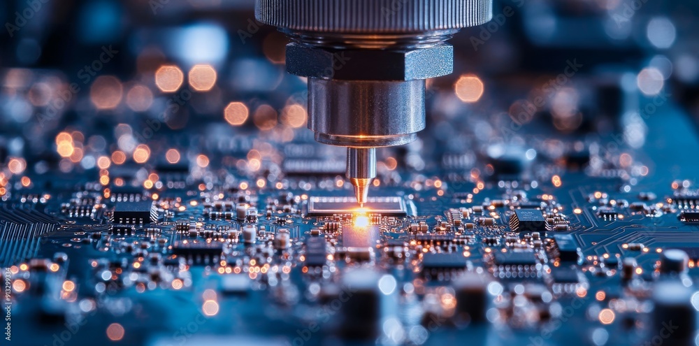 In an electronics and PCB factory, a close-up view shows the Automated ...