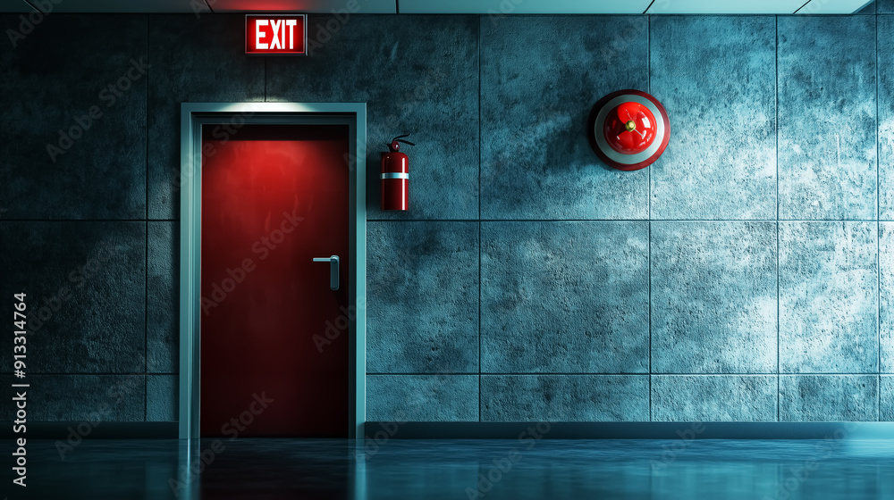 fire alarm and distinguisher, exit sign and fire door, architecture and ...