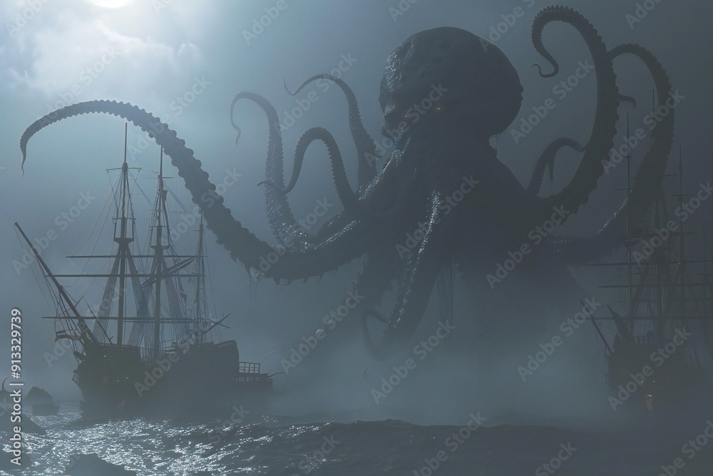 Kraken with massive tentacles and a mysterious aura rising from a foggy sea, with shipwrecks and ...