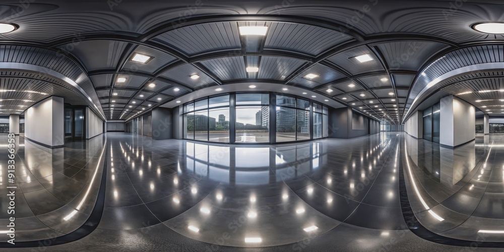 Dark futuristic interior of a reflective building with HDRI lighting in ...