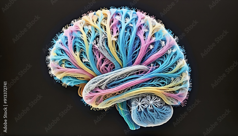 Tractografia del cerebro, donde se observan en tonos pastel todos los ...