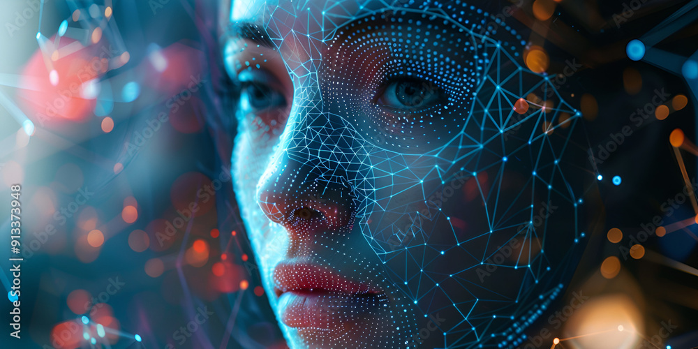 Photo Stock Futuristic Facial Recognition Technology with Digital Grid Overlay on Human Face in ...