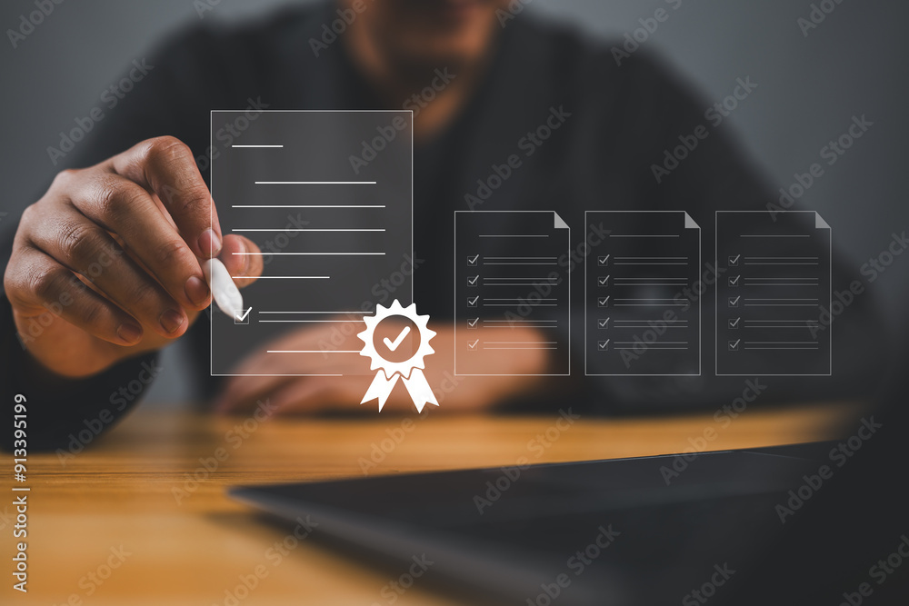 Quality control, certificate, standard, guarantee, Hand shows the sign ...